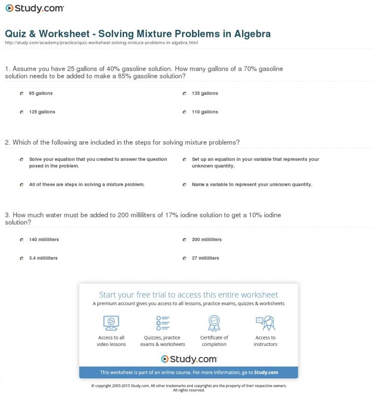 Quiz & Worksheet - Solving Mixture Problems In Algebra | Study | Free ...
