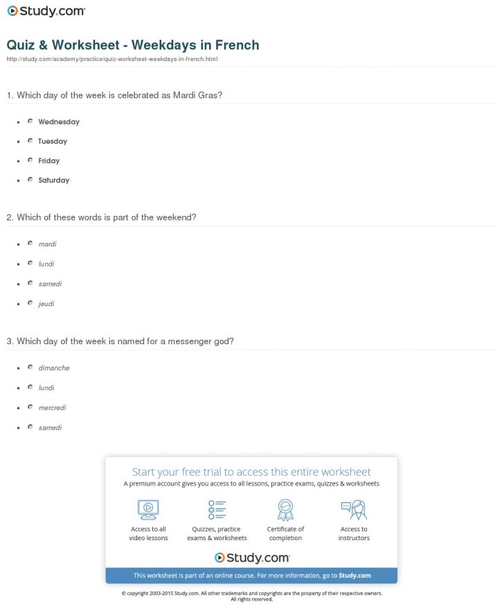 Quiz & Worksheet - Weekdays In French | Study | Printable French ...