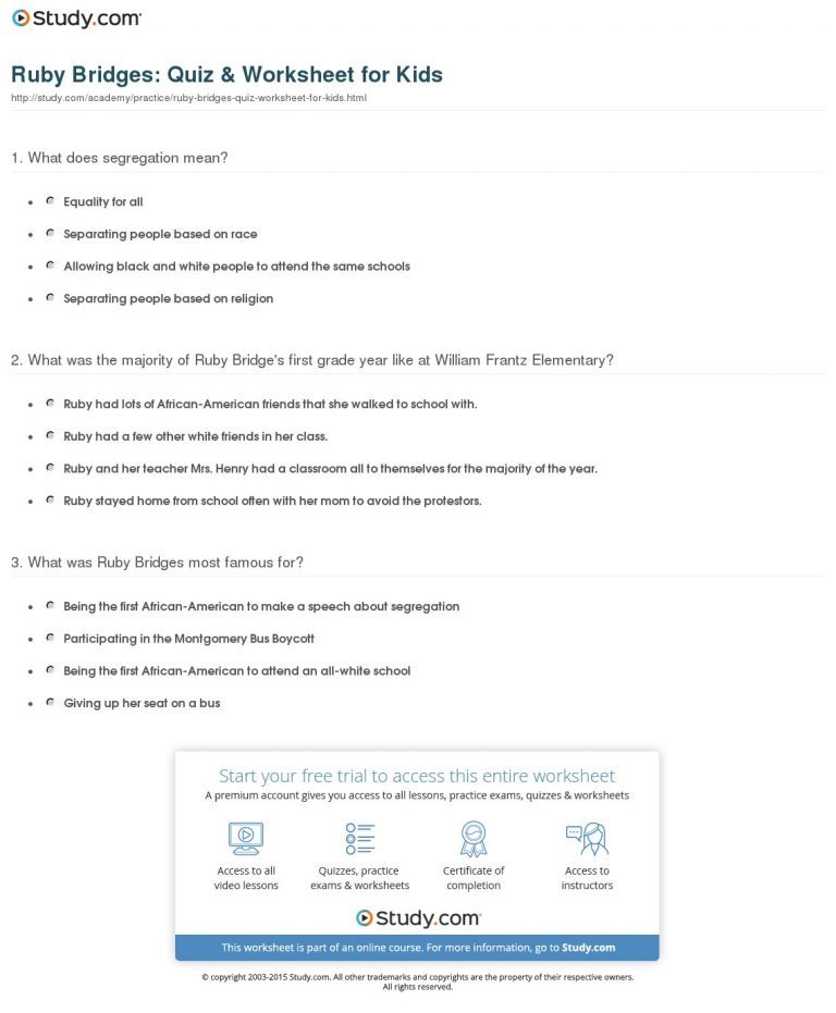 Ruby Bridges: Quiz & Worksheet For Kids | Study | Ruby Bridges ...