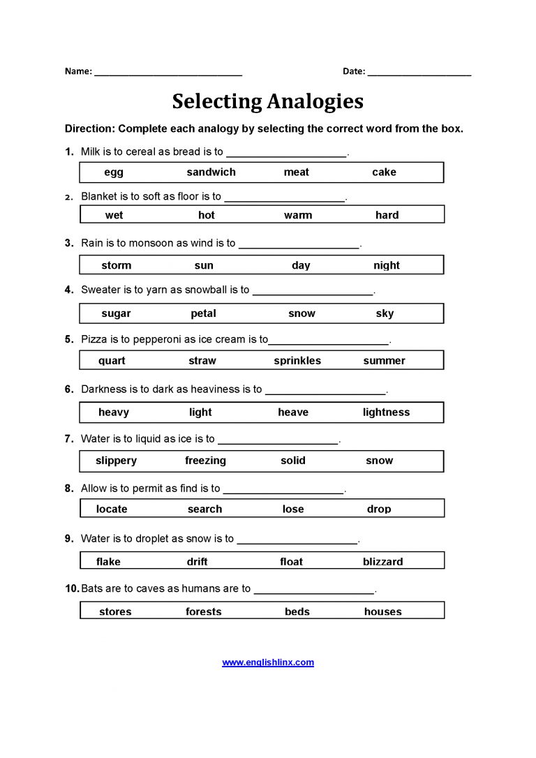 Selecting Analogy Worksheets | School | Worksheets | Analogy Worksheets ...