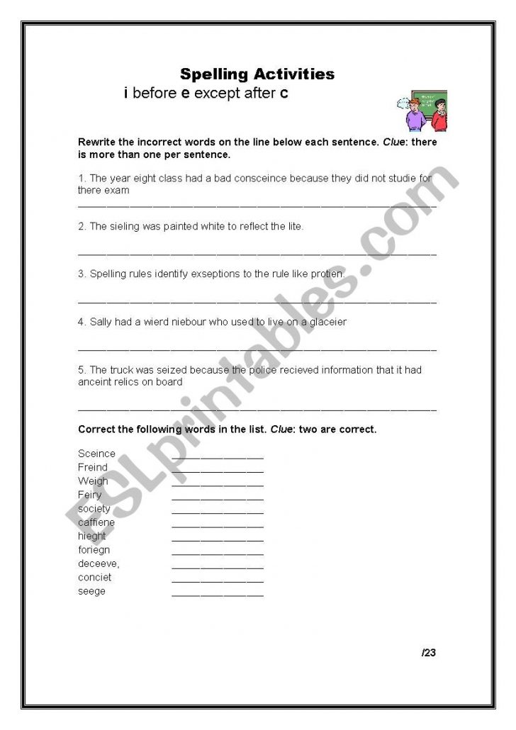 Spelling Rules- I Before E Except After C - Esl Worksheetaday85 | I ...