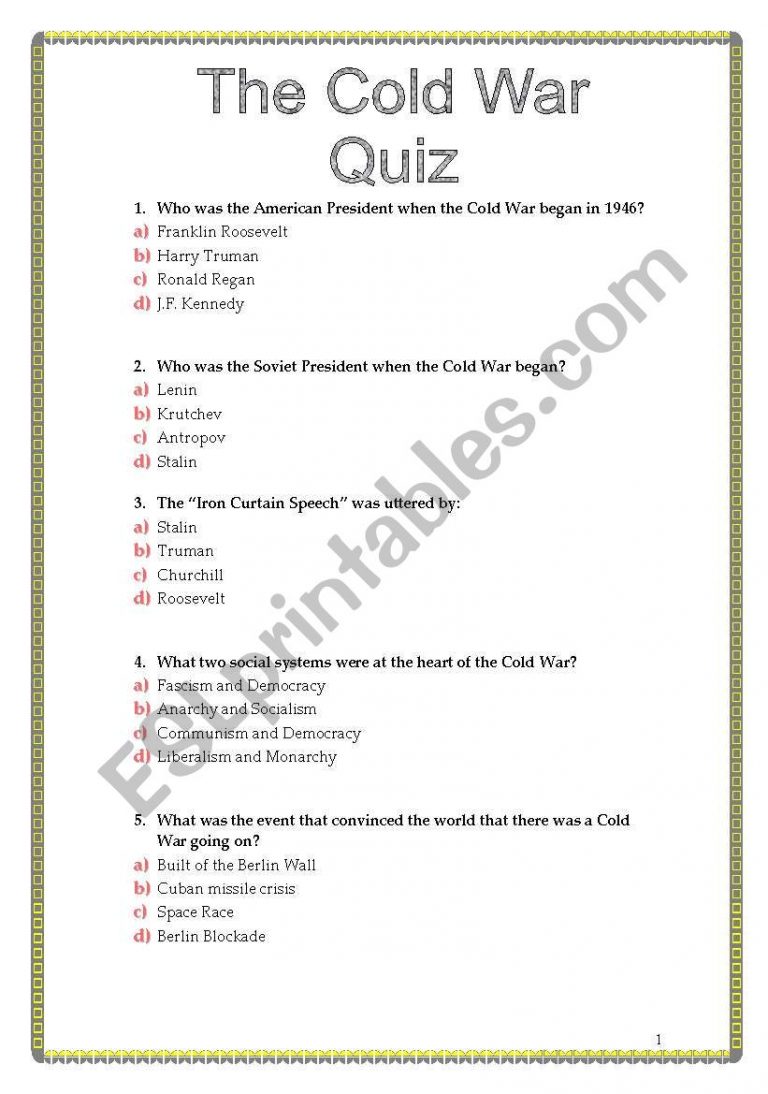 The Cold War Quiz - Esl Worksheetsviviana | Cold War Printable ...
