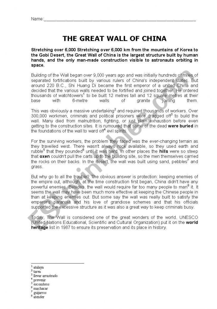 The Great Wall Of China Reading And Writing - Esl Worksheet | Great ...