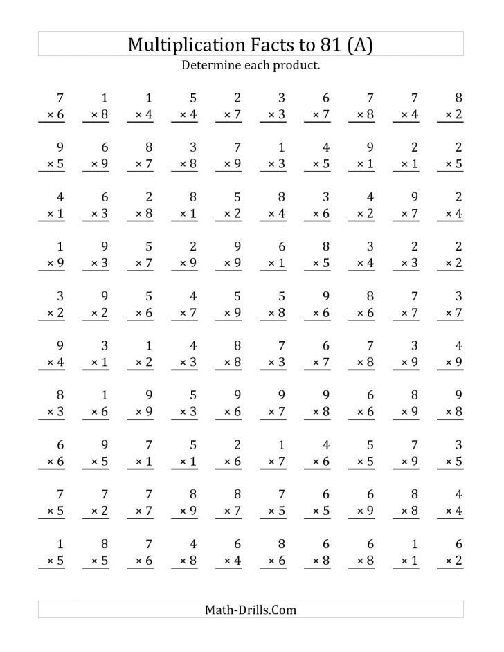 The Multiplication Facts To 81 (100 Per Page) (A) Math Worksheet | 100 ...