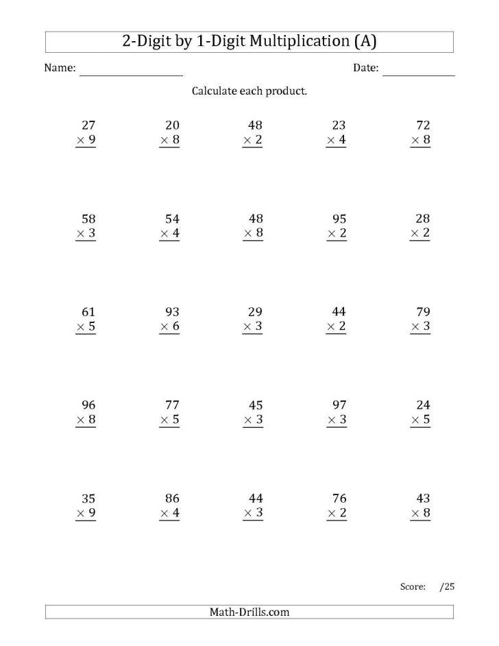 The Multiplying 2-Digit1-Digit Numbers (A) Math Worksheet From | Free ...