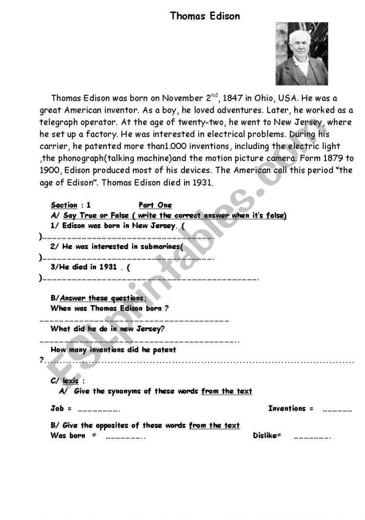 Thomas Edison - Esl Worksheetmrfateh | Thomas Edison Printable ...